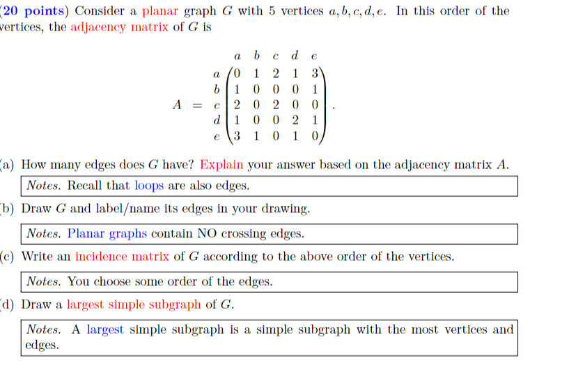 Solved (20 points) Consider a planar graph G with 5 vertices | Chegg.com