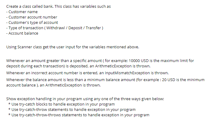 Solved Create a class called bank. This class has variables | Chegg.com
