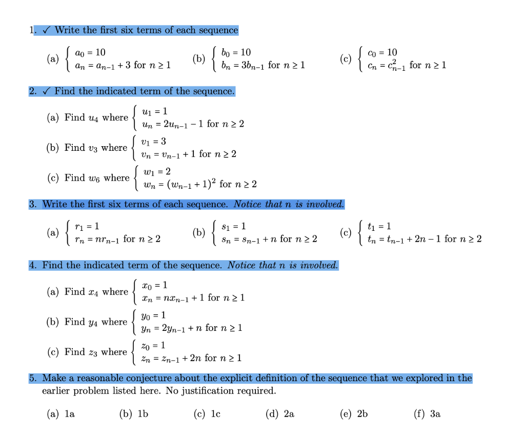 Solved 1. Write the first six terms of each sequence ao = 10 | Chegg.com