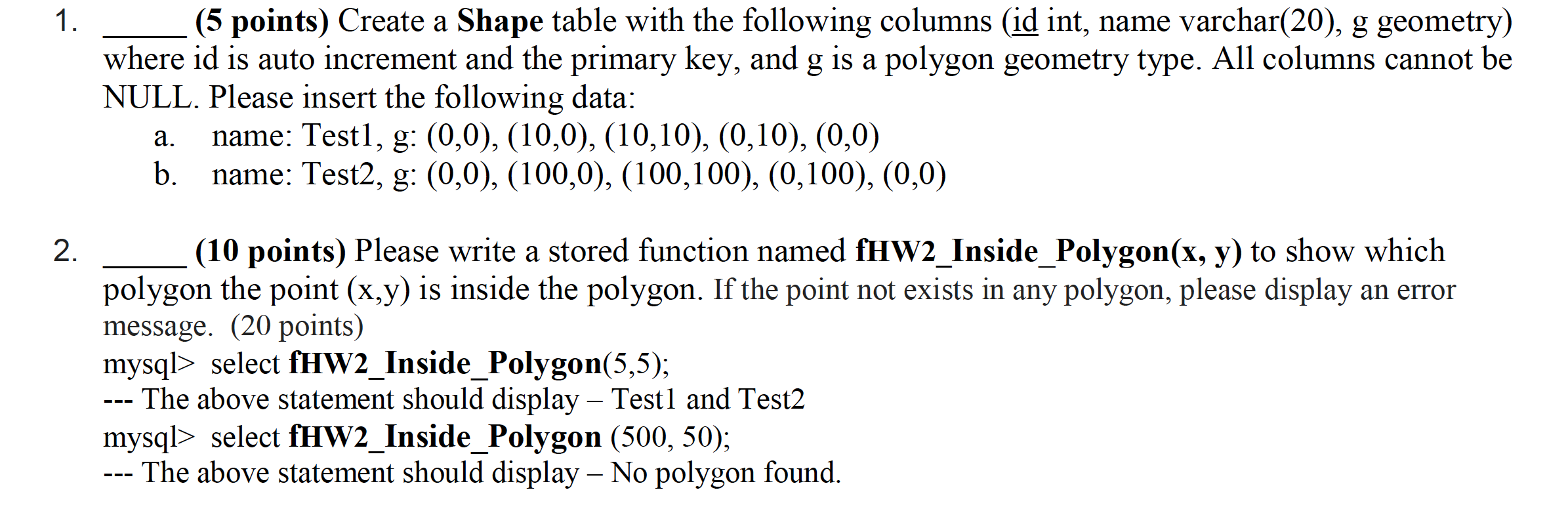 Solved 1. (5 points) Create a Shape table with the following | Chegg.com