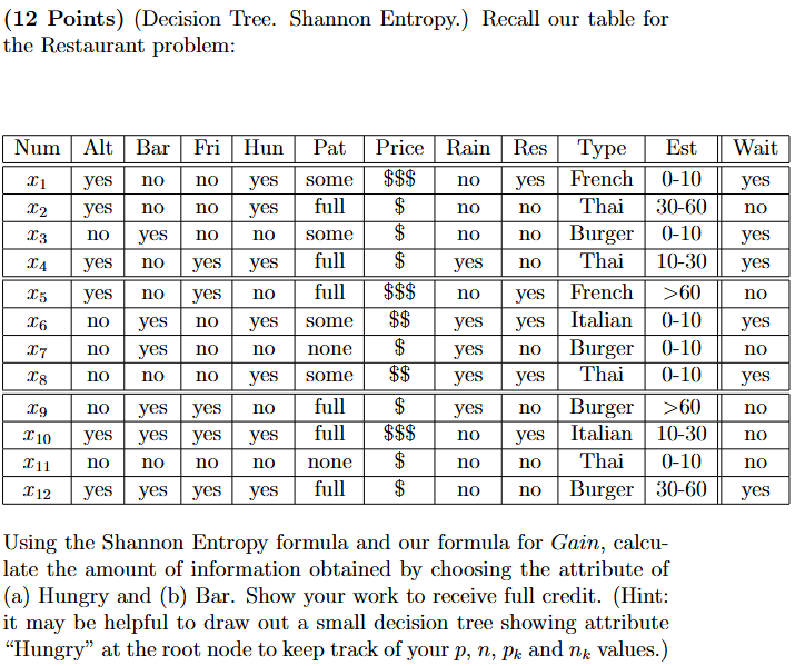 Solved Using the Shannon Entropy formula and our formula for | Chegg.com