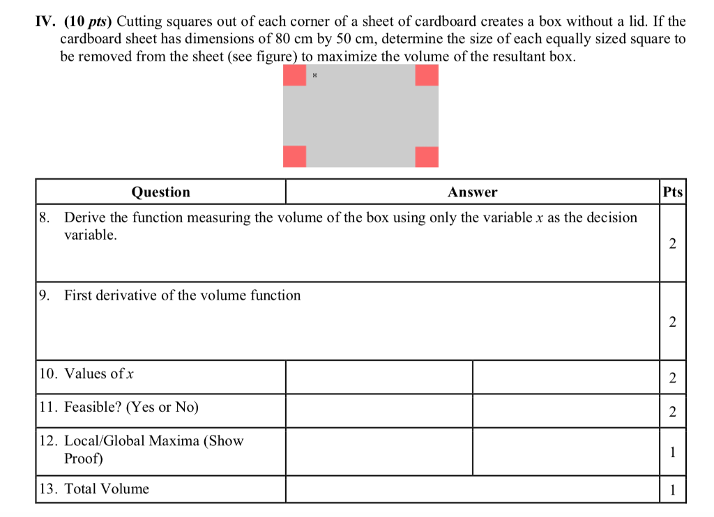 IV. (10 pts) Cutting squares out of each corner of a | Chegg.com