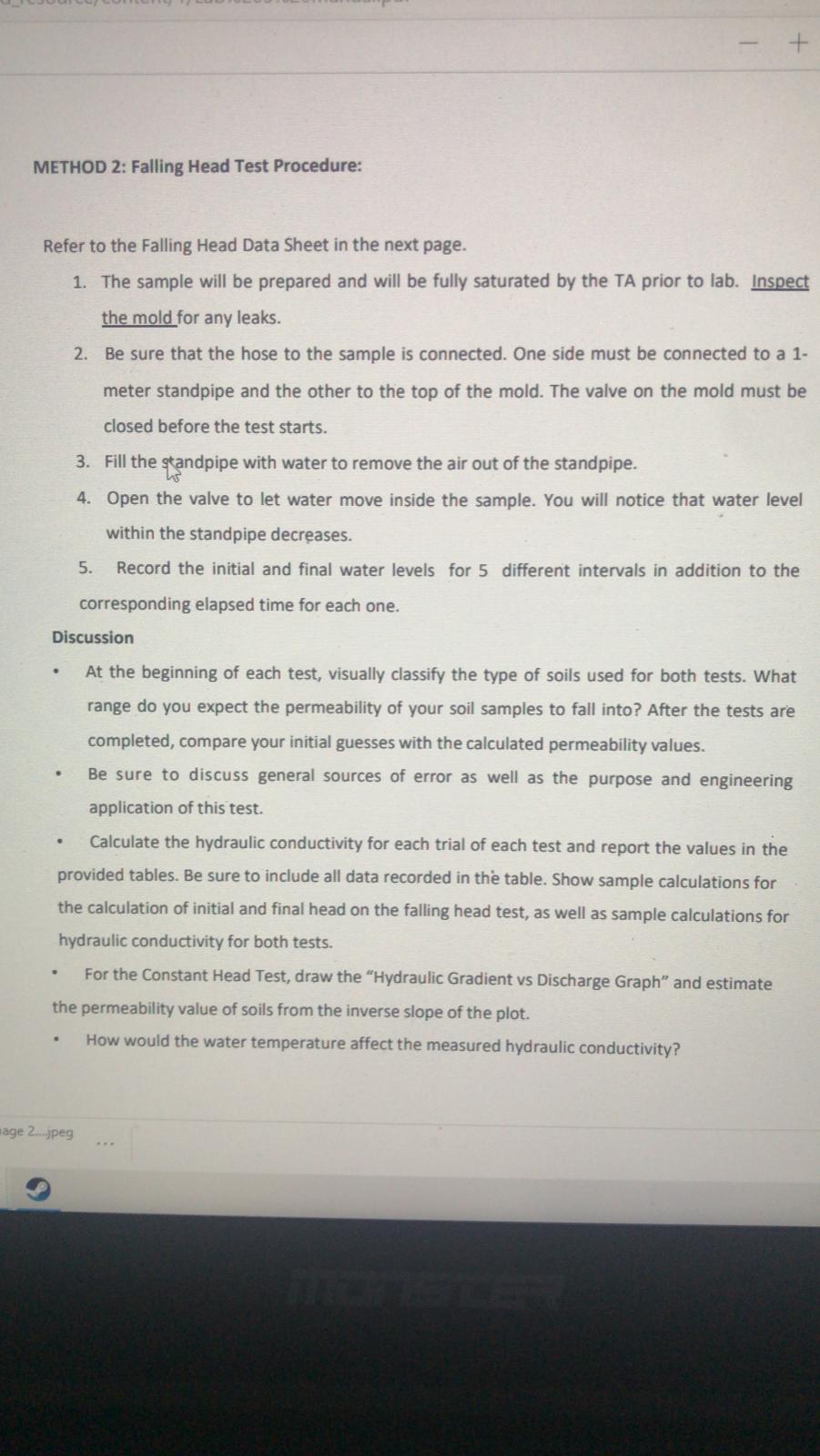 Solved METHOD 2: Falling Head Test Procedure: Refer to the | Chegg.com