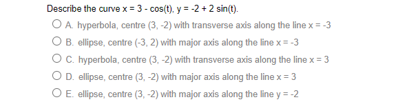 Solved Describe the curve x = 3 - cos(t), y = -2 + 2 sin(t). | Chegg.com