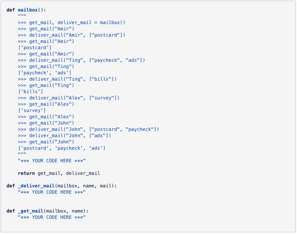 Use python to implement mailbox() along with | Chegg.com