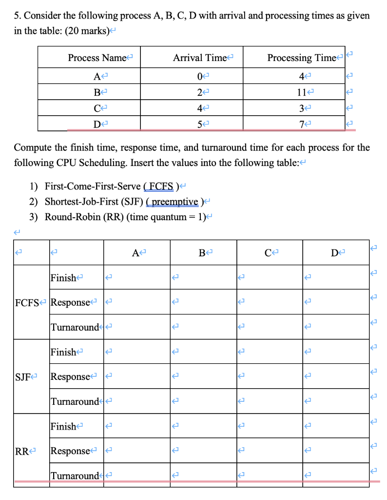 Solved 5. Consider the following process A, B, C, D with | Chegg.com