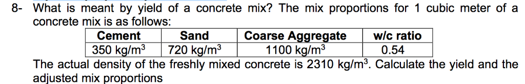 Solved 8- What is meant by yield of a concrete mix? The mix | Chegg.com