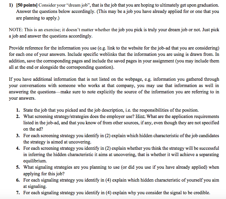 1) (50 points] Consider your "dream job”, that is the | Chegg.com