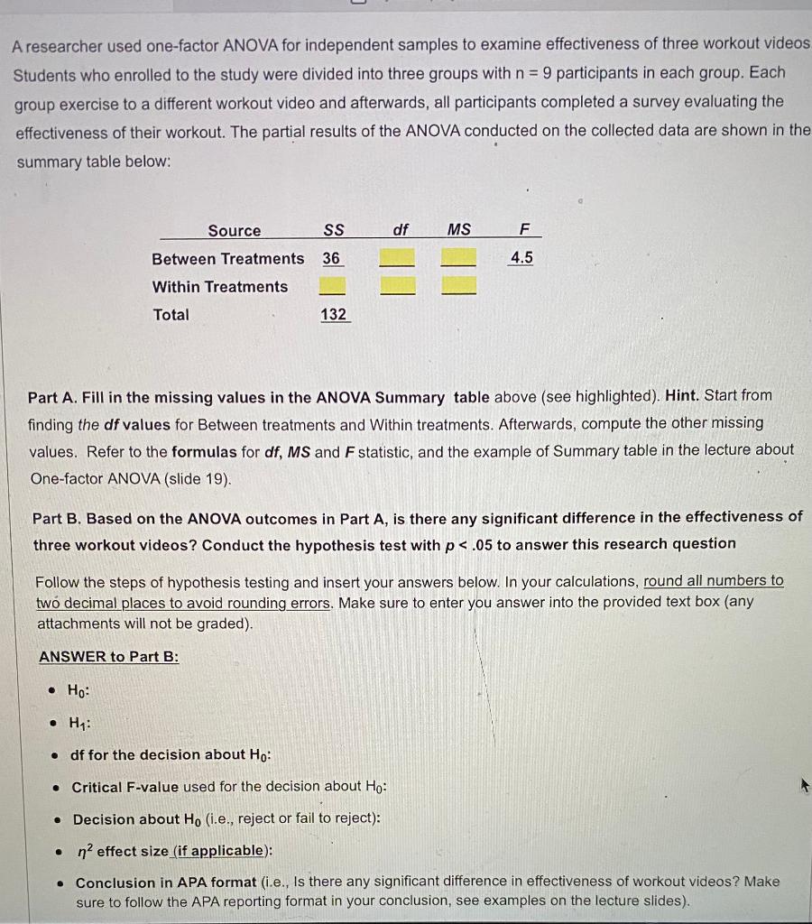 Solved A researcher used one-factor ANOVA for independent | Chegg.com