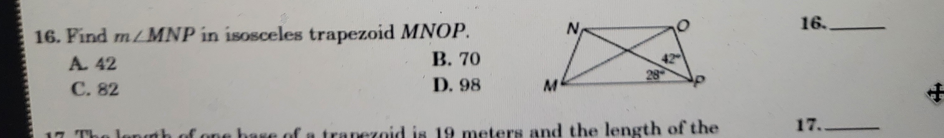 Solved 16. Find m∠MNP in isosceles trapezoid MNOP. 16. A. 42 | Chegg.com