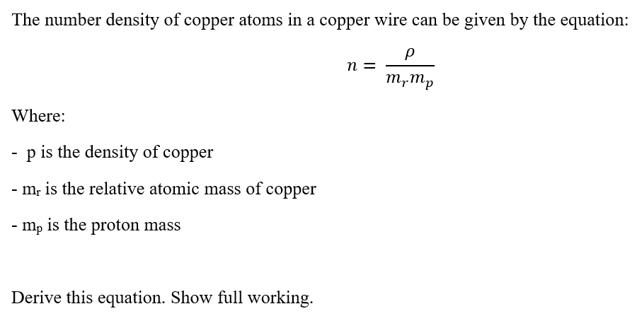 Solved The number density of copper atoms in a copper wire | Chegg.com