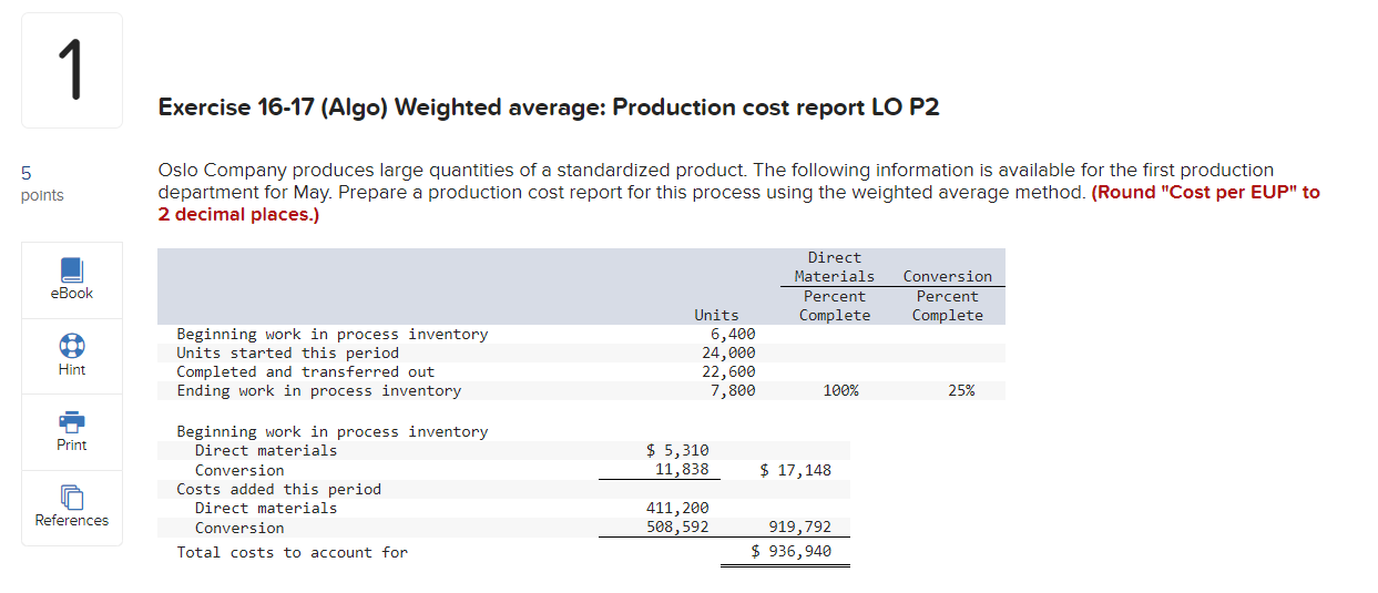 Solved Exercise 16-17 (Algo) Weighted average: Production | Chegg.com