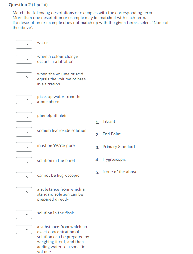 Solved Question 2 (1 point) Match the following descriptions | Chegg.com