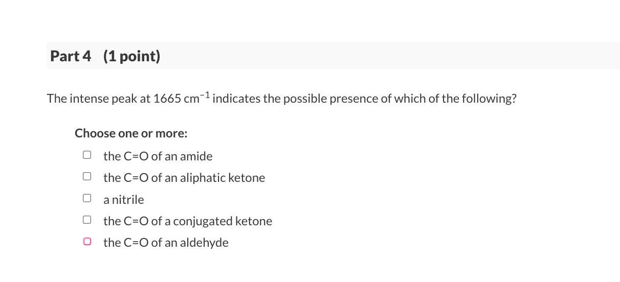 Solved The intense peak at 1665 cm−1 indicates the possible | Chegg.com