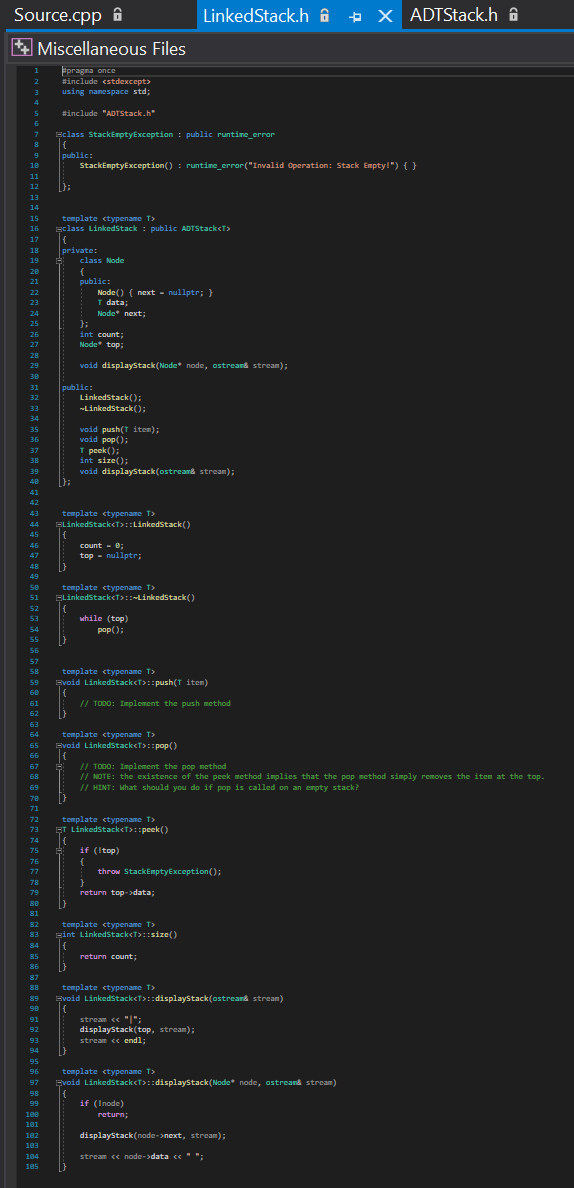 Solved LinkedStack.h a + X ADTStack.h a Source.cpp ô * | Chegg.com