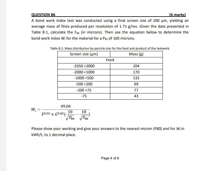 Solved QUESTION B6 (6 marks) A bond work index test was | Chegg.com