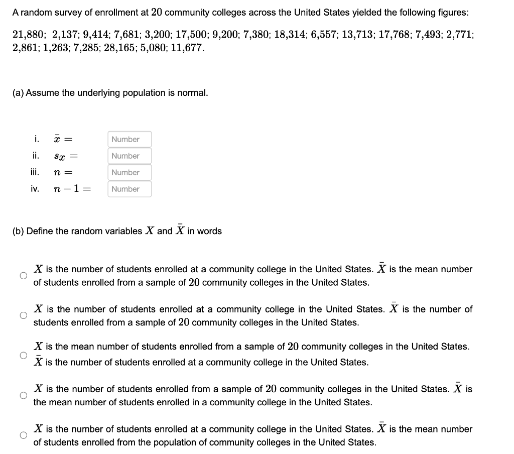 Solved A random survey of enrollment at 20 community | Chegg.com
