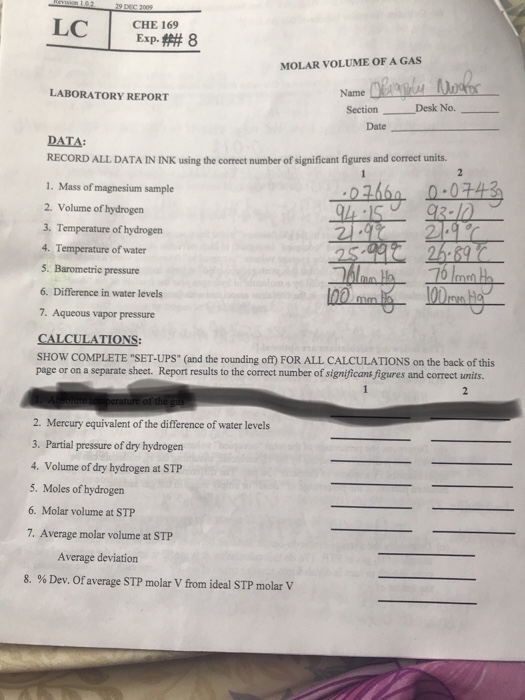 Solved This is a molar volume of gas, for a chemistry lab | Chegg.com
