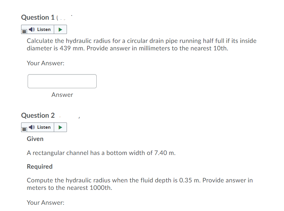 Solved Question 11... Listen Calculate the hydraulic radius | Chegg.com