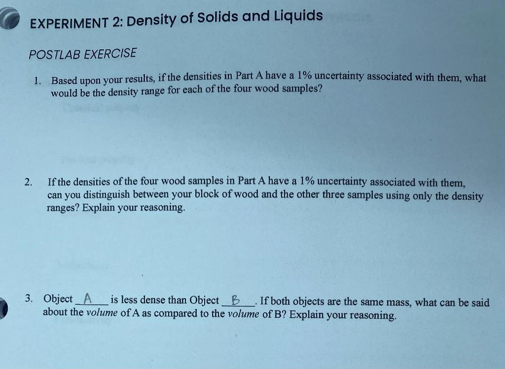 EXPERIMENT 2: Density of Solids and Liquids POSTLAB | Chegg.com