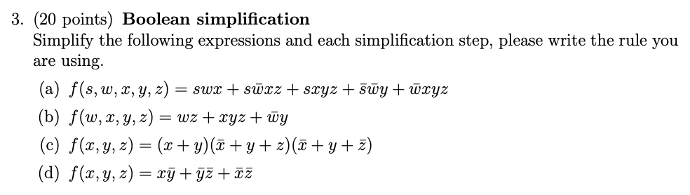 3. (20 points) Boolean simplification Simplify the | Chegg.com