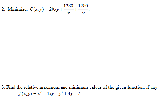 Solved 1280 1280 2. Minimize: C(x, y) = 20xy + y + 3. Find | Chegg.com