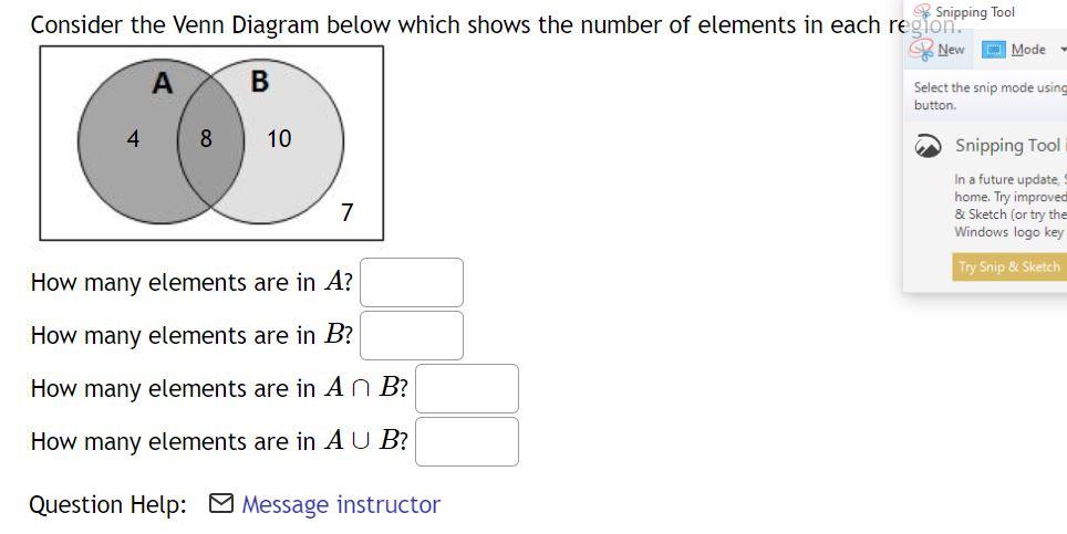 Solved * Snipping Tool Consider the Venn Diagram below which | Chegg.com