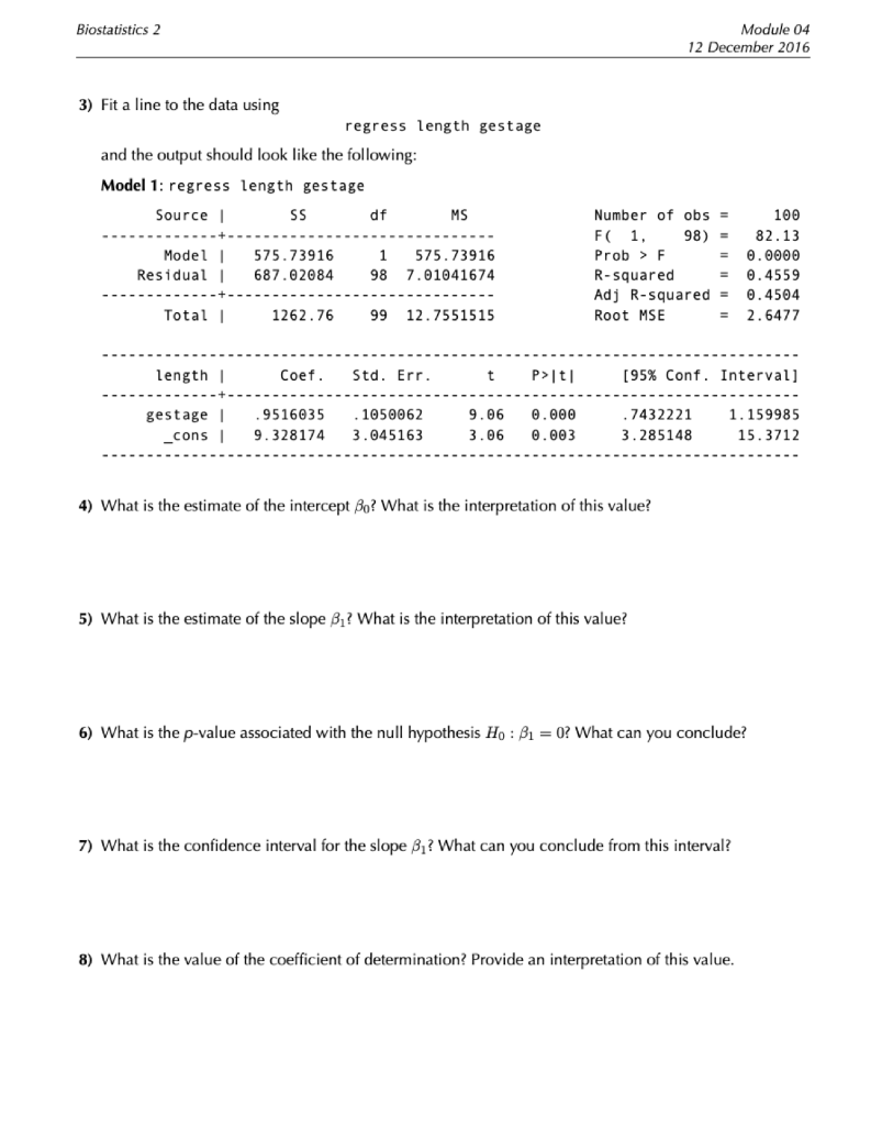Solved Biostatistics 2 Module 04 12 December 2016 3) Fit a | Chegg.com