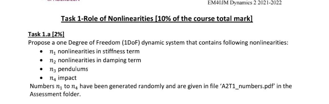 EM40JM Dynamics 2 2021-2022 Task 1-Role of | Chegg.com