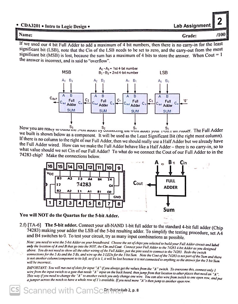Solved • CDA3201 Intro to Logic Design Lab Assignment Name: | Chegg.com