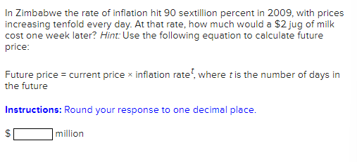 Solved In Zimbabwe the rate of inflation hit 90 sextillion | Chegg.com