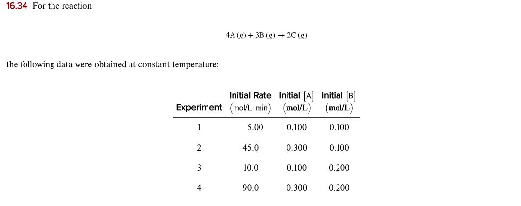 Solved 16.34 For the reaction 4A (8) + 3B (8) 2C (8) the | Chegg.com