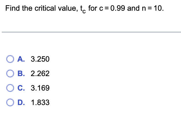 Solved Find the critical value, tc for c=0.99 and n=10. A. | Chegg.com