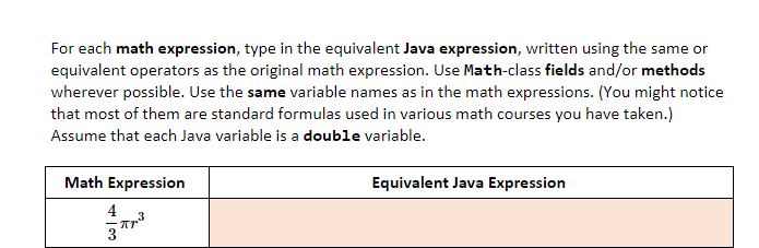 Solved For each math expression, type in the equivalent Java | Chegg.com