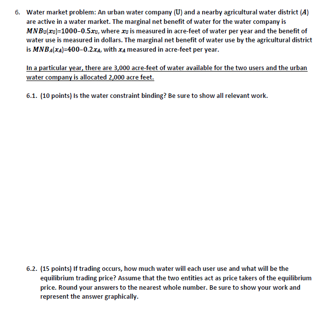 6. Water market problem: An urban water company (U) | Chegg.com