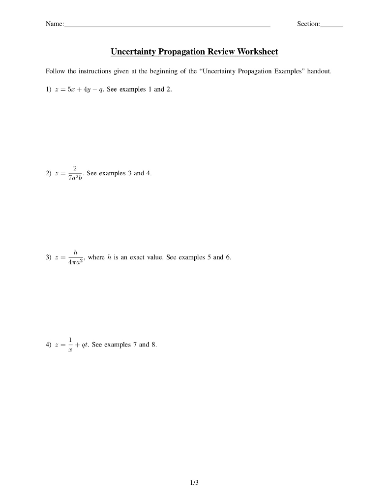 Solved Table of Uncertainty Propagation Formulas The table | Chegg.com