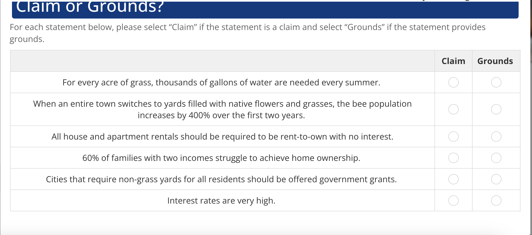For each statement below, please select “Claim” if | Chegg.com