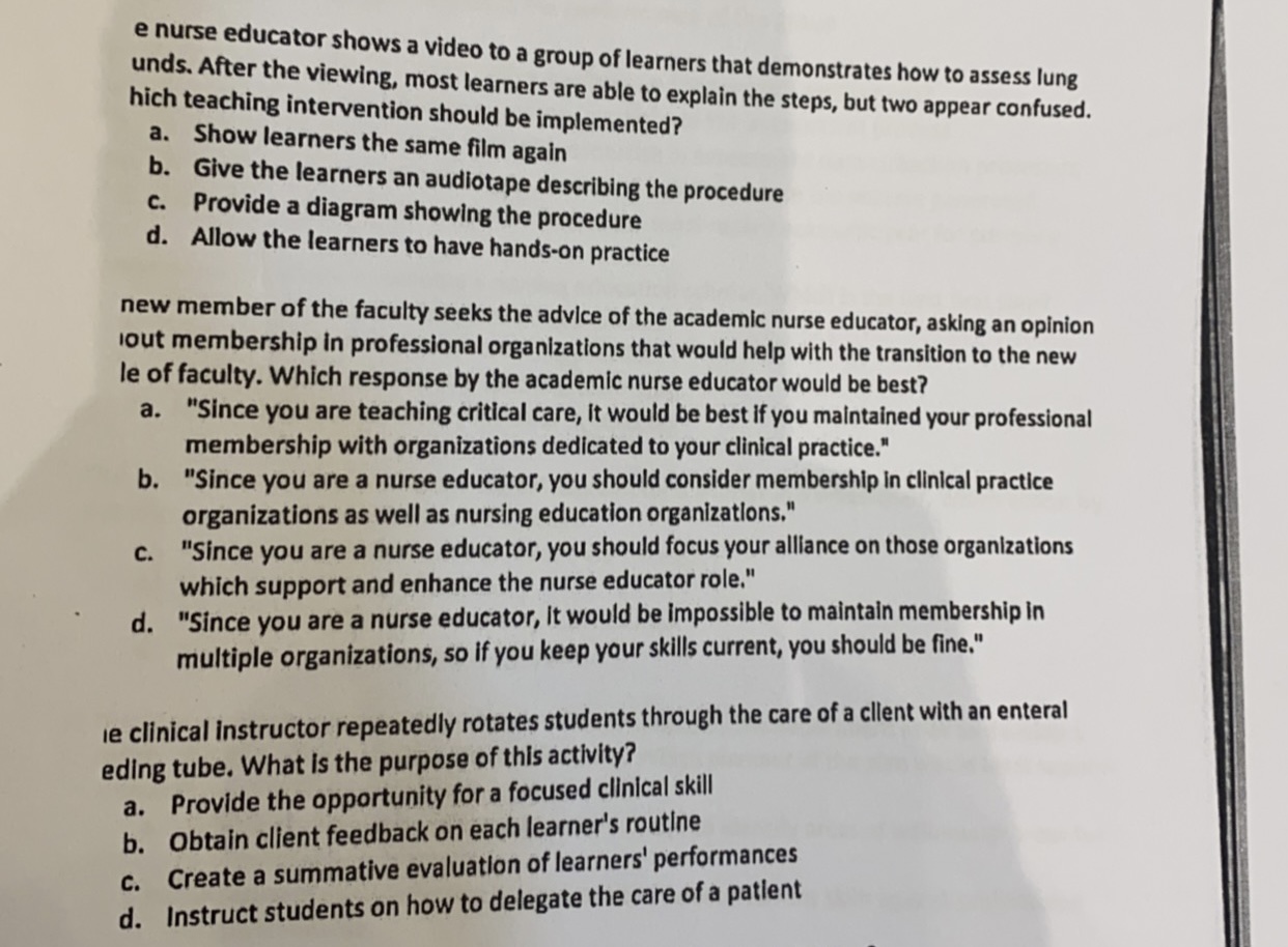 Solved e nurse educator shows a video to a group of learners | Chegg.com