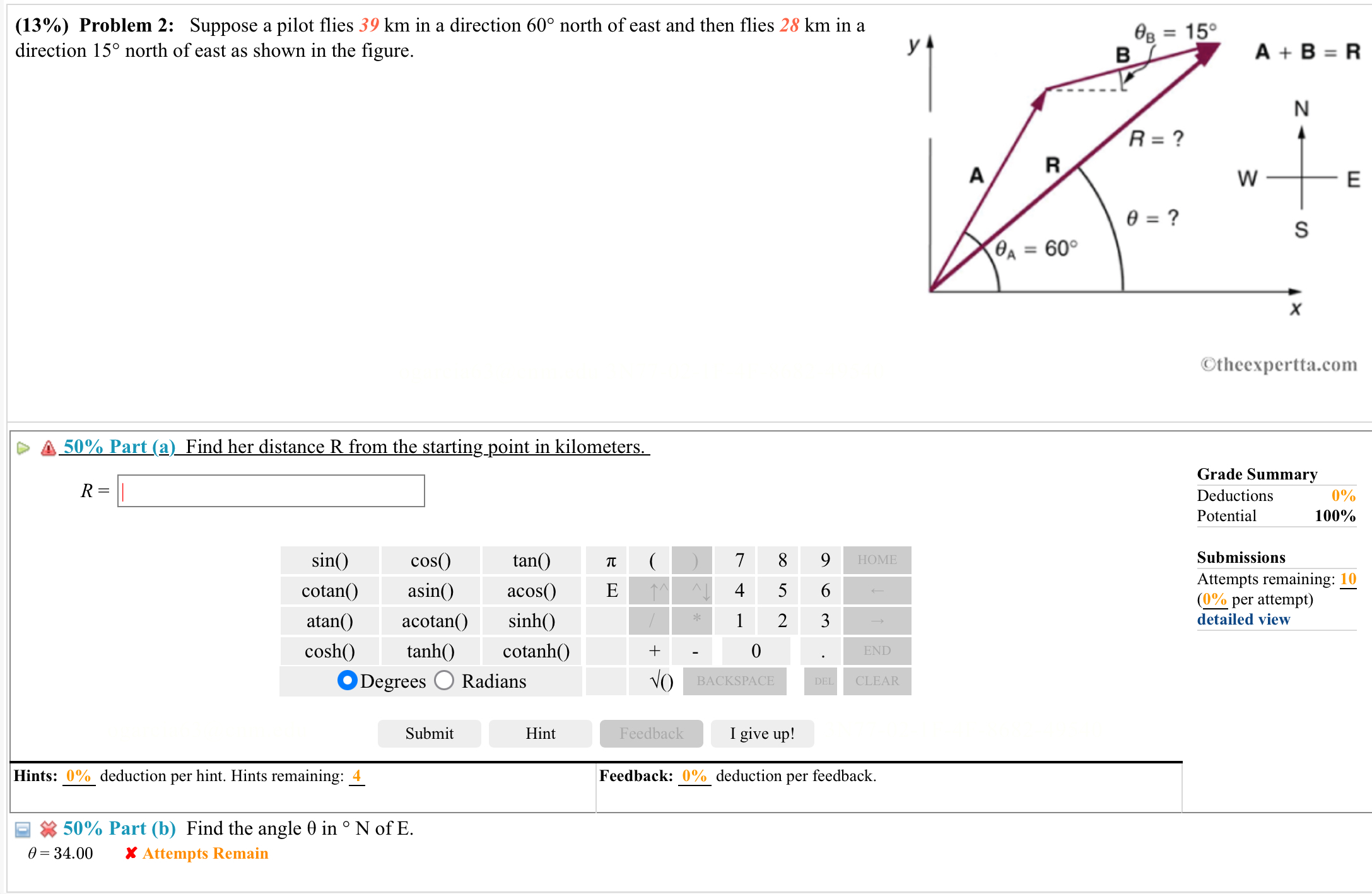 Solved (13%) ﻿Problem 2: Suppose a pilot flies 39km ﻿in a | Chegg.com