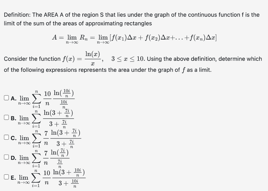 Solved Definition: The AREA A of the region S that lies | Chegg.com