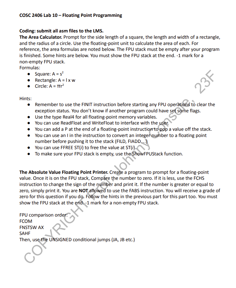 Solved Coding: submit all asm files to the LMS.The Area | Chegg.com