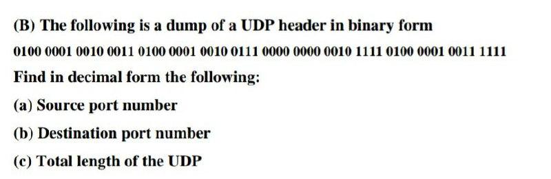 Solved (B) The following is a dump of a UDP header in binary | Chegg.com