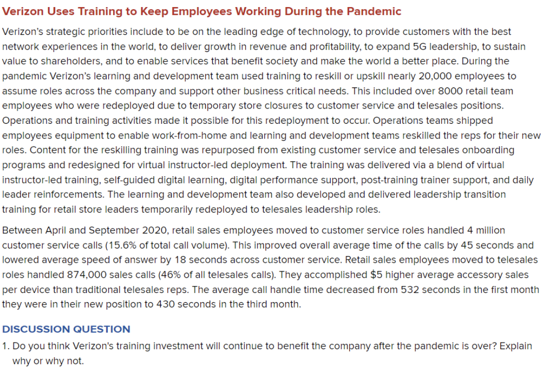 Solved Verizon Uses Training to Keep Employees Working | Chegg.com