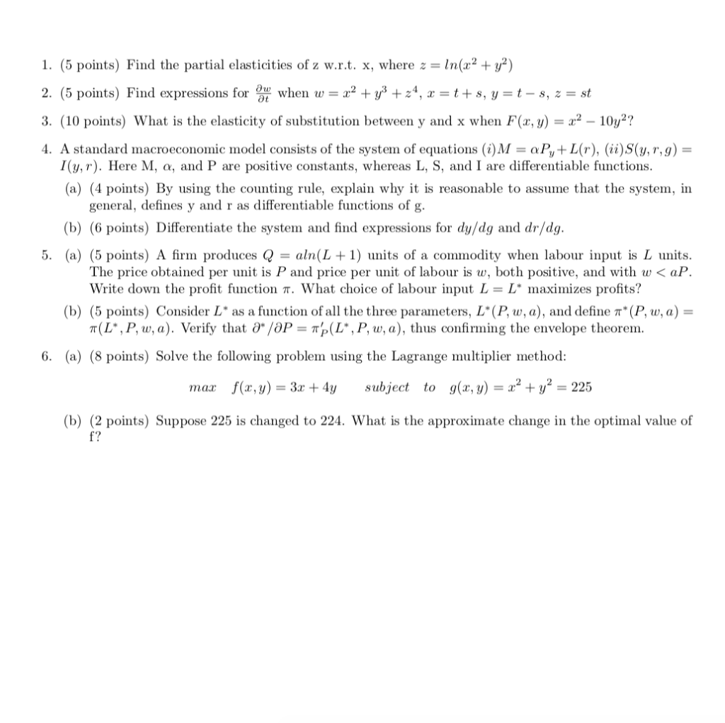 Solved 1. (5 points) Find the partial elasticities of z | Chegg.com