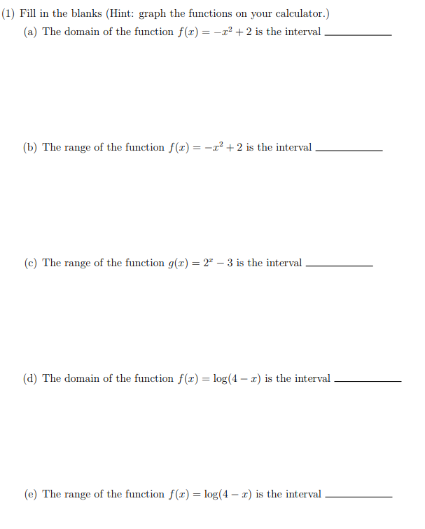 Solved 1) Fill in the blanks (Hint: graph the functions on | Chegg.com