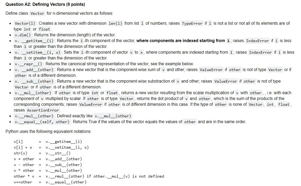 Solved Python Question A2: Defining Vectors (9 points) | Chegg.com