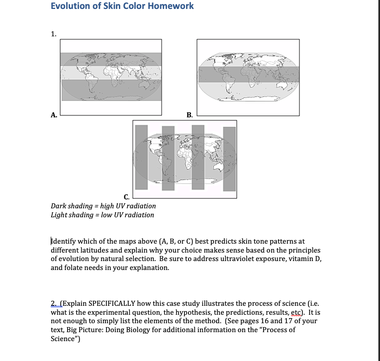 Solved Evolution of Skin Color Homework Dark shading = high | Chegg.com