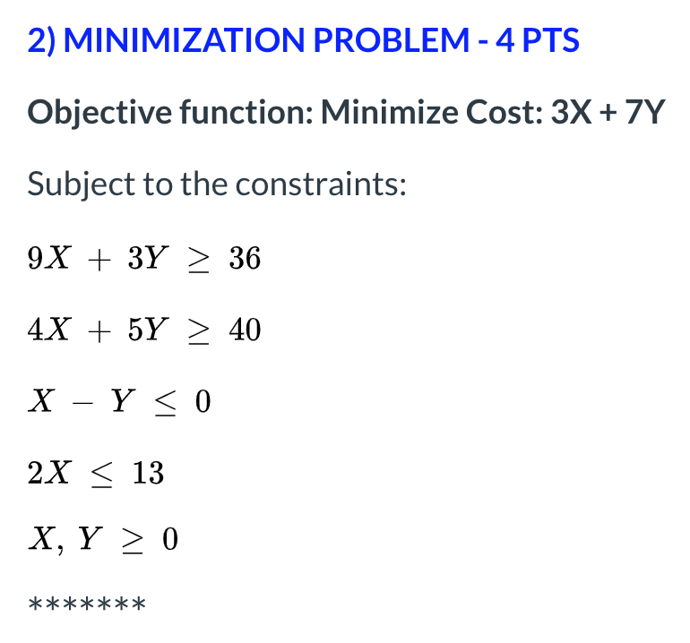 Solved 2) MINIMIZATION PROBLEM - 4 PTS Objective function: | Chegg.com