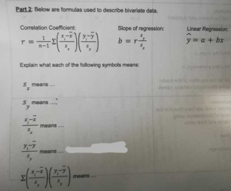 Solved Part 2: Below are formulas used to describe bivariate | Chegg.com