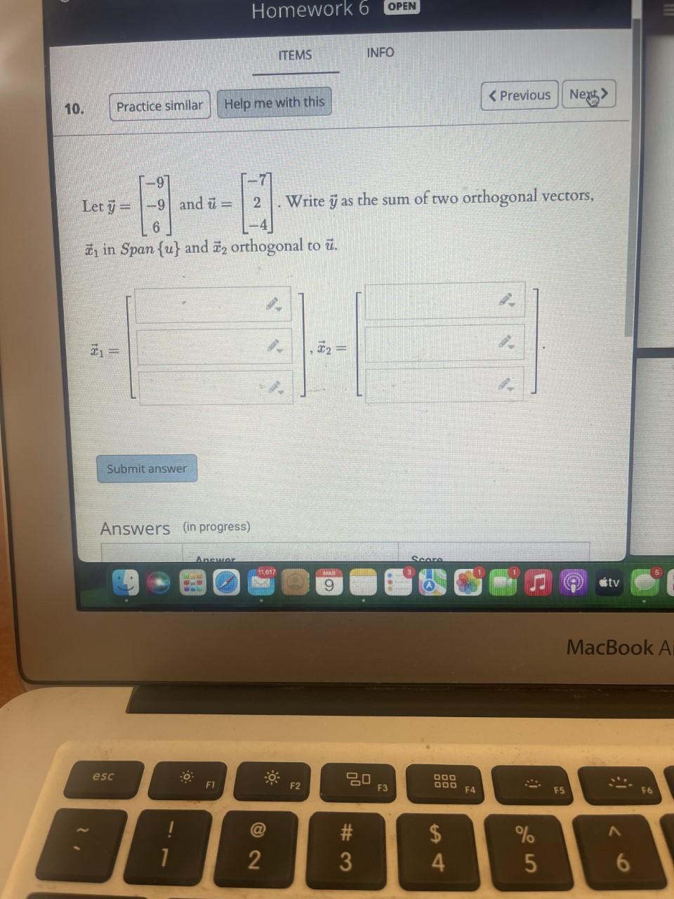 Solved Let y=⎣⎡−9−96⎦⎤ and u=⎣⎡−72−4⎦⎤. Write y as the sum | Chegg.com